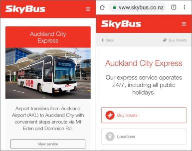 旅 SkyBus社のAUCKLAND CITY EXPRESS（空港シャトルバス）を利用してオークランド市内へ移動